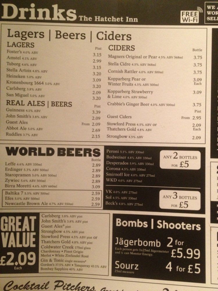 Menu at The Hatchet Inn - JD Wetherspoon pub & bar, Newbury