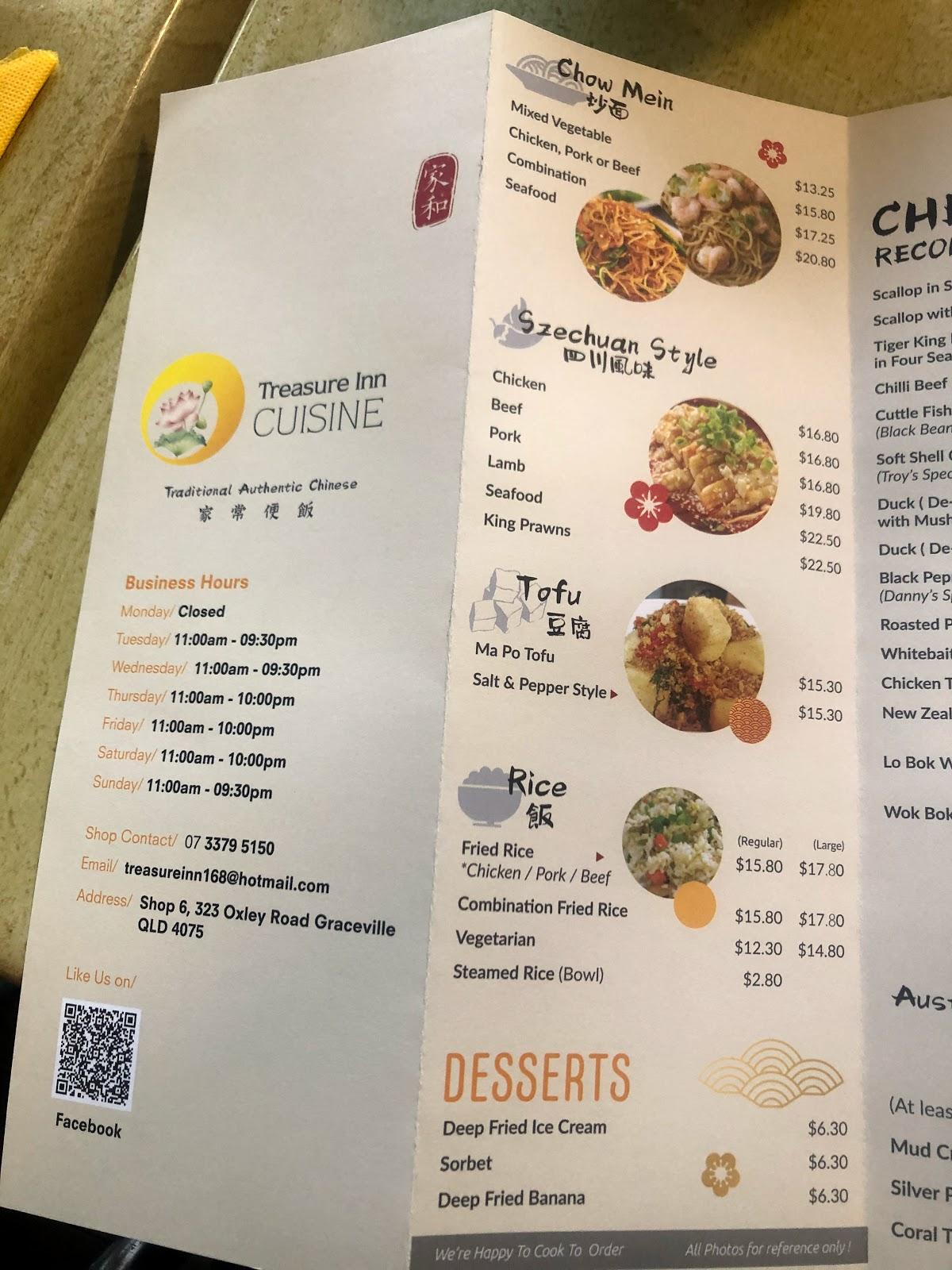 Menu at Treasure Inn restaurant, Graceville