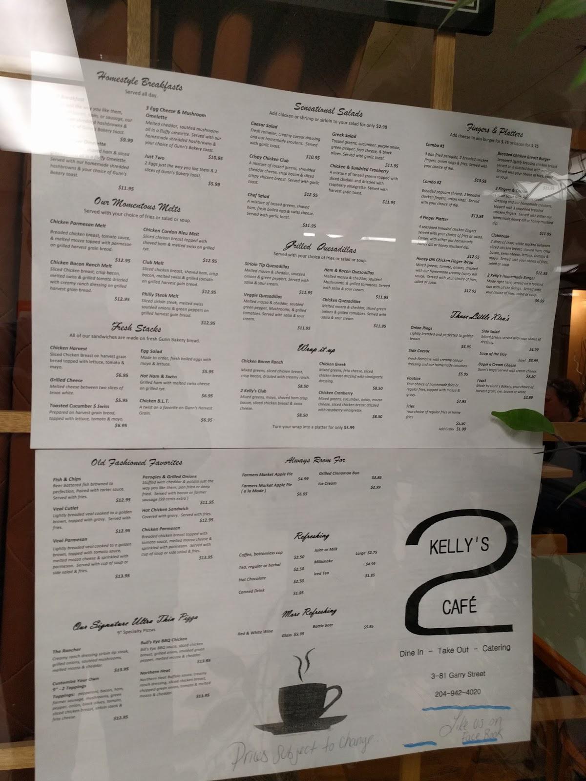 Menu at Two Kelly's Cafe, Winnipeg