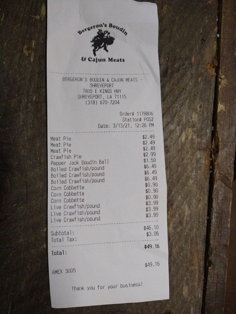 Menu at Bergeron's Boudin & Cajun Meats restaurant, Shreveport