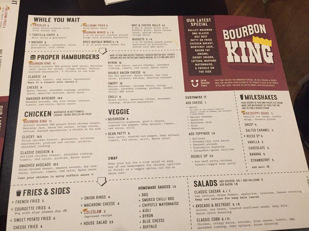 Menu at Byron restaurant, Cambridge
