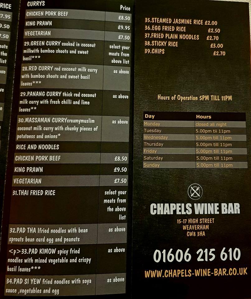 Menu at Chapel's Wine Bar, Northwich