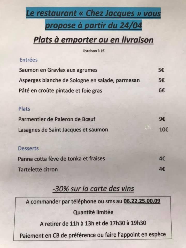 Menu au Chez Jacques pub et bar, Bracieux