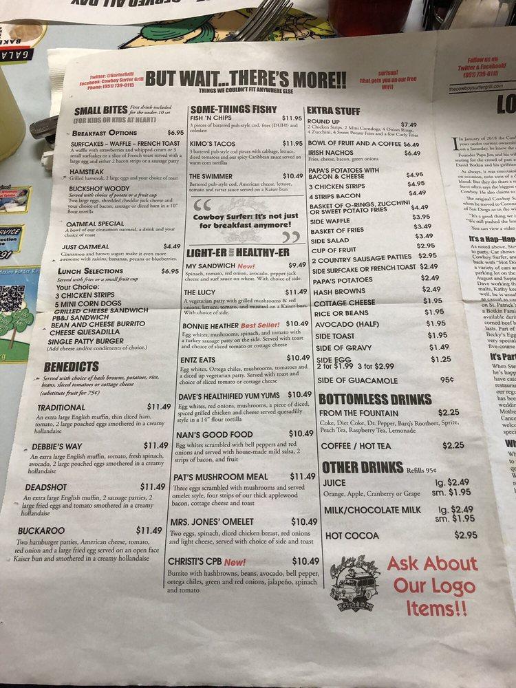 Menu at Cowboy Surfer Grill restaurant, Corona