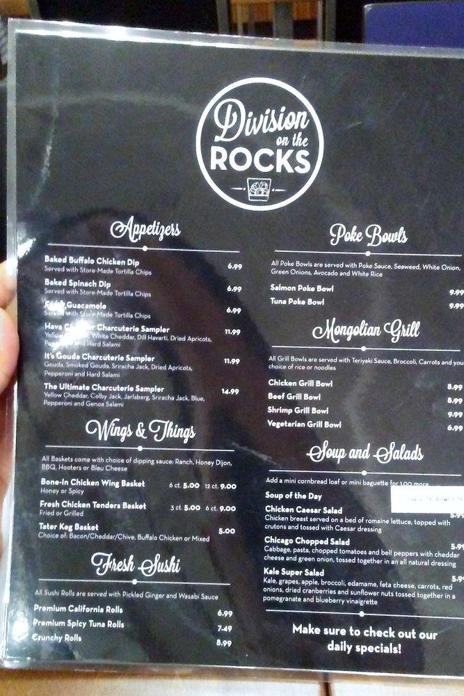 Menu at Division on the Rocks restaurant, Chicago