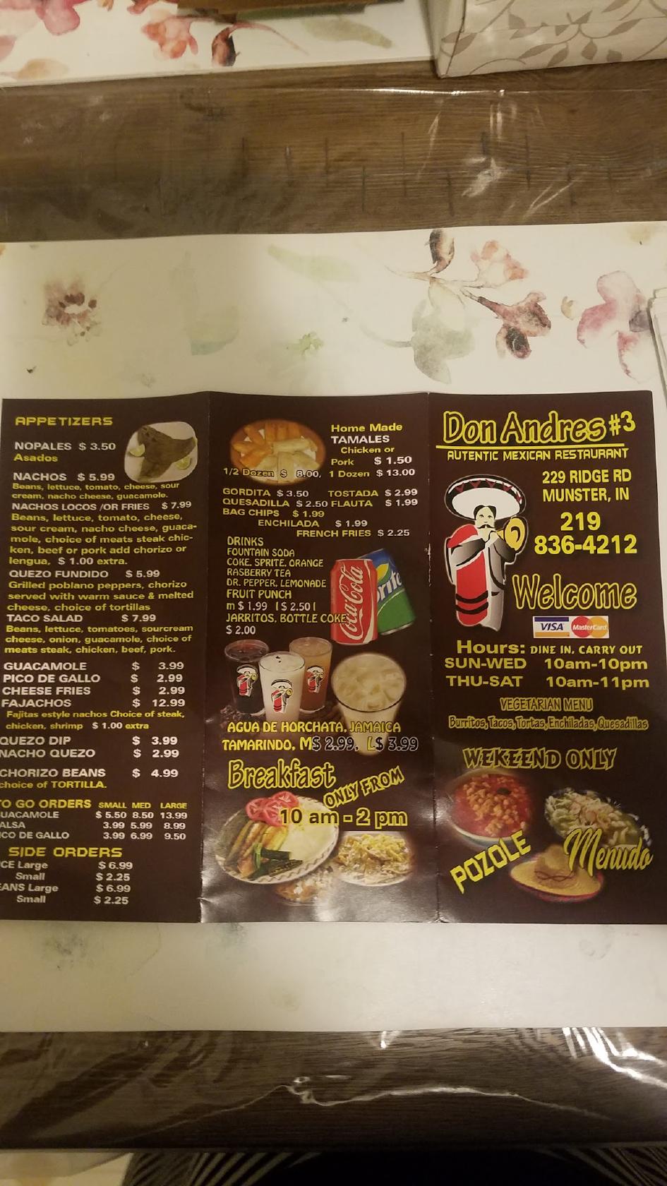 Menu at Don Andres #3 restaurant, Munster
