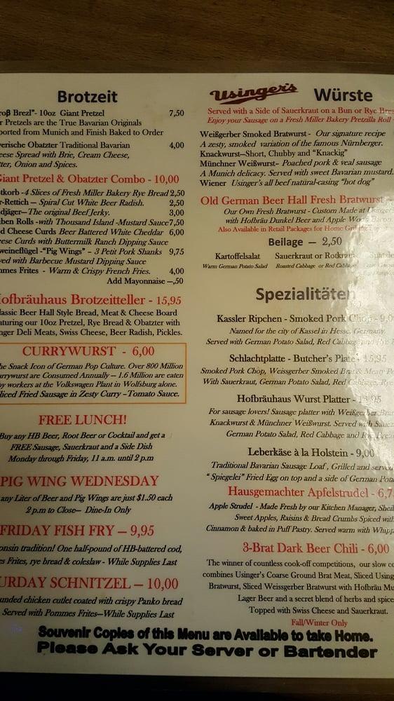 Menu at Old German Beer Hall pub & bar, Milwaukee