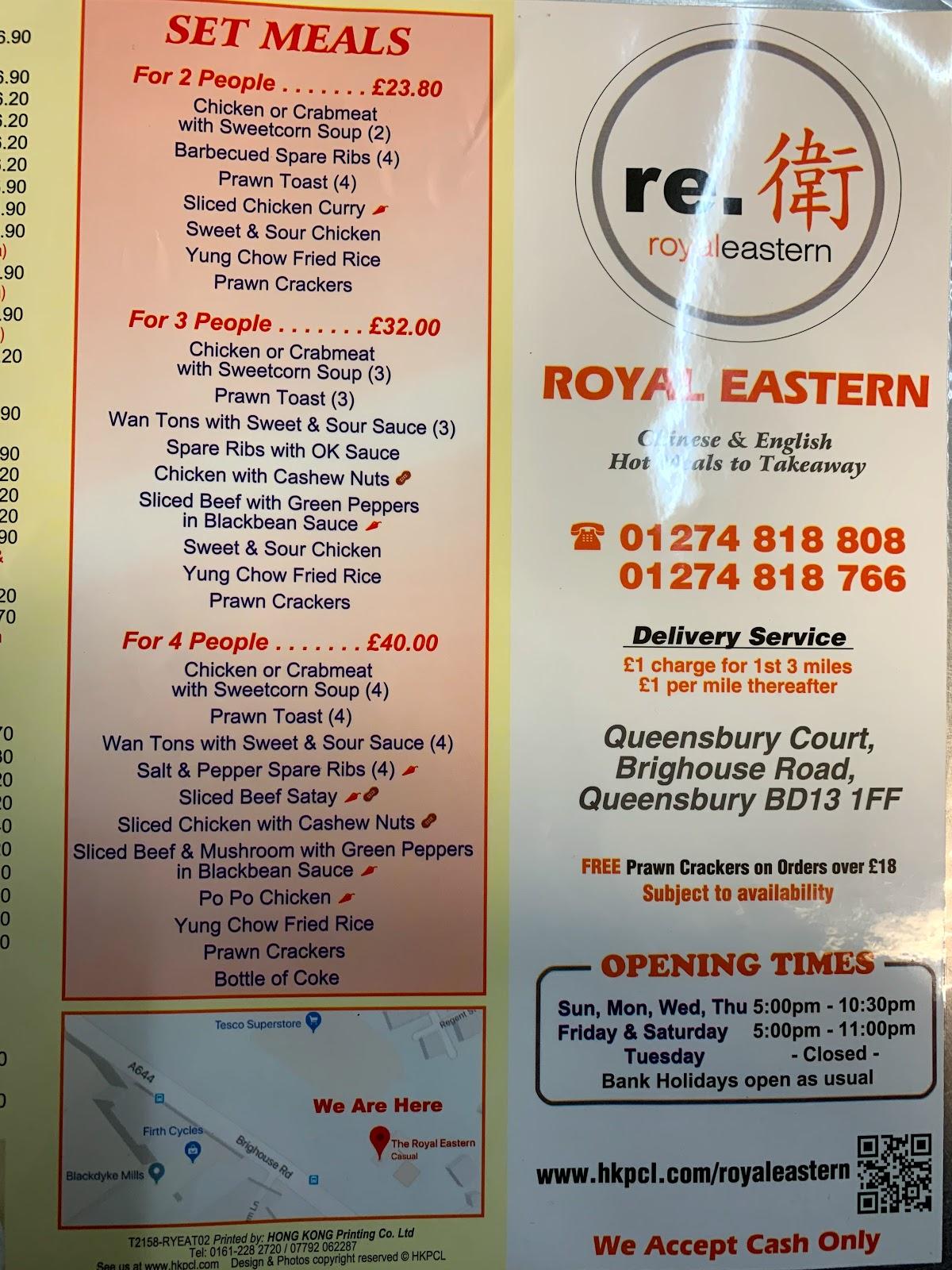 Menu at The Royal Eastern fast food, Bradford, 1 Queensbury Court