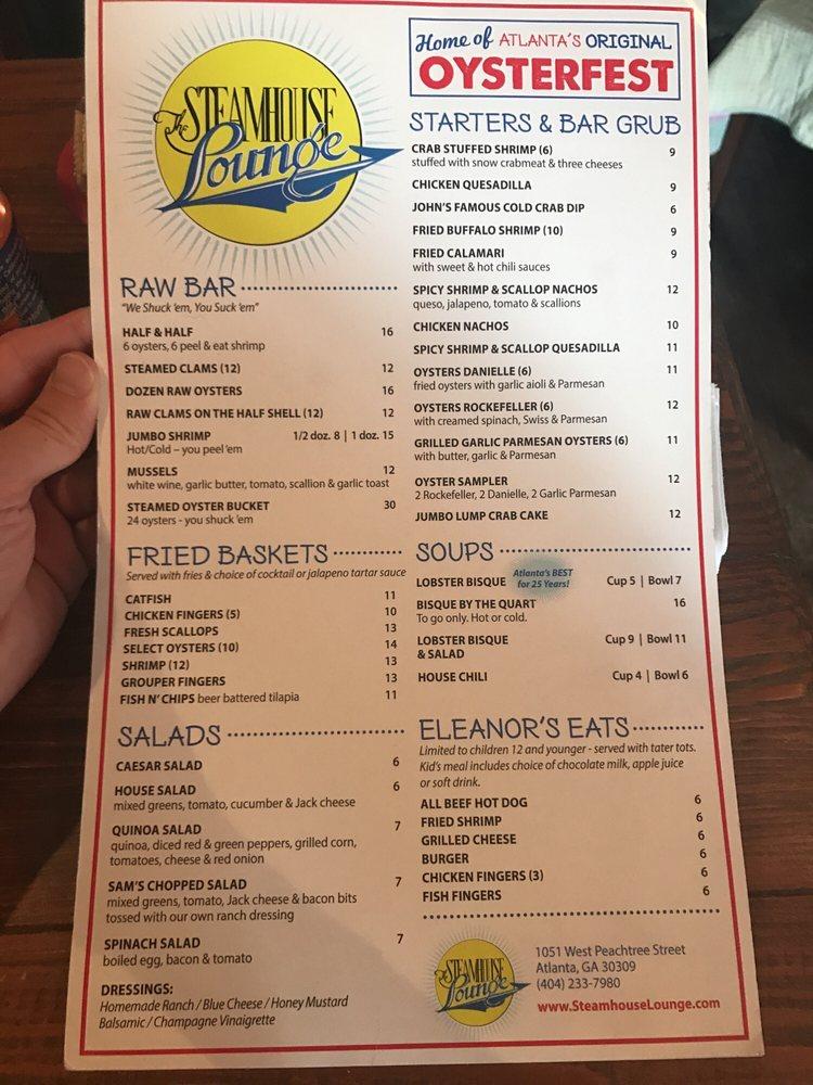 Menu at The Steamhouse Lounge pub & bar, Atlanta, W Peachtree St NW