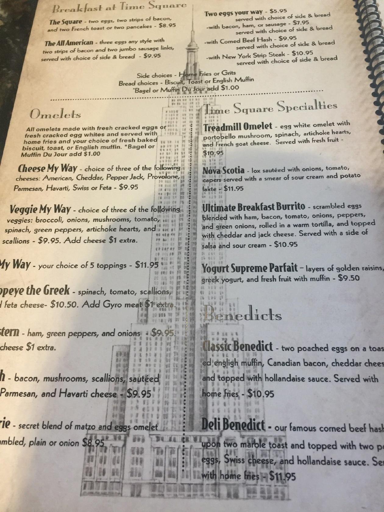 Menu at Time Square Diner restaurant, Melbourne