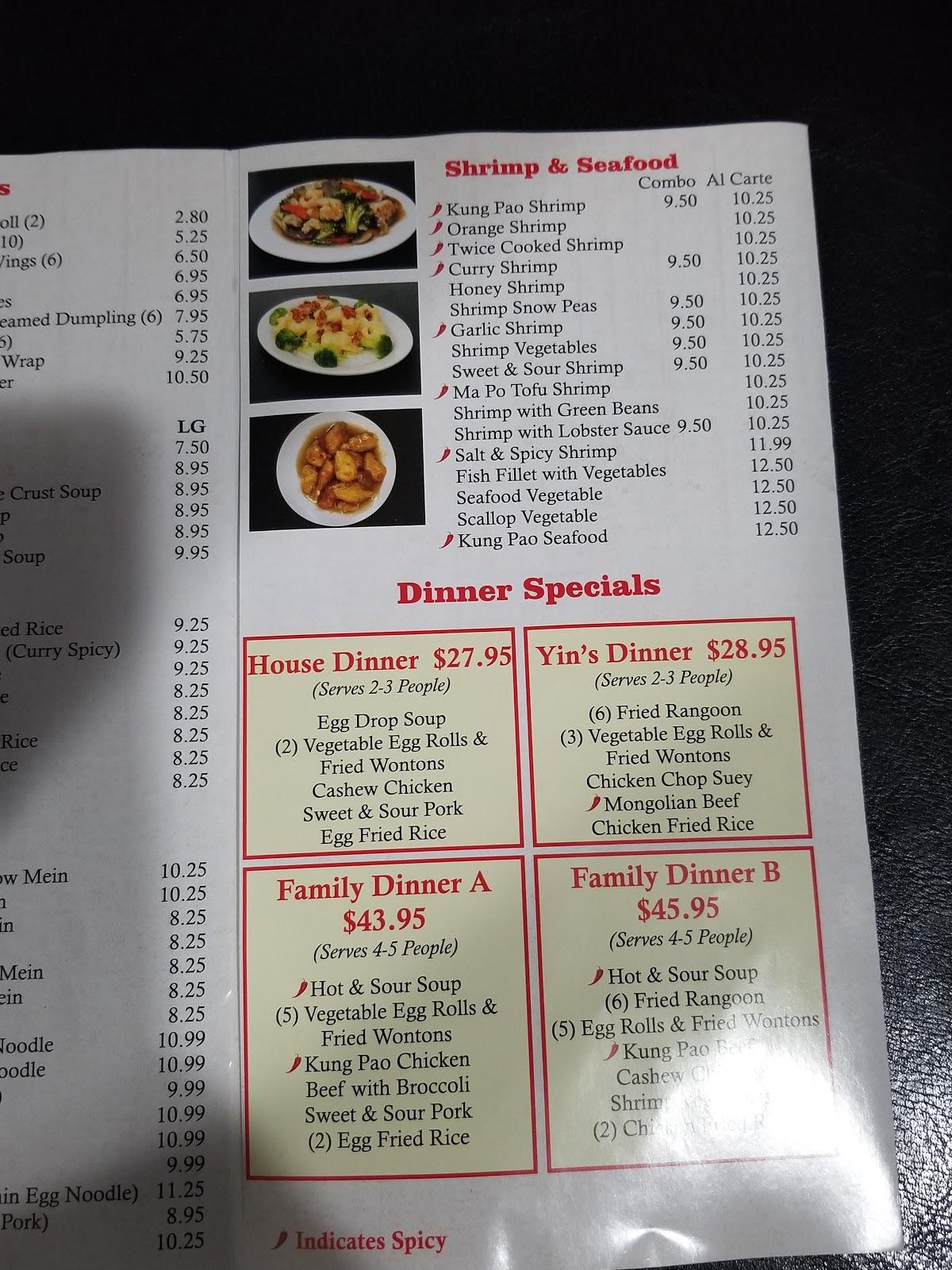 Menu at Yin's Chinese Restaurant, Phoenix