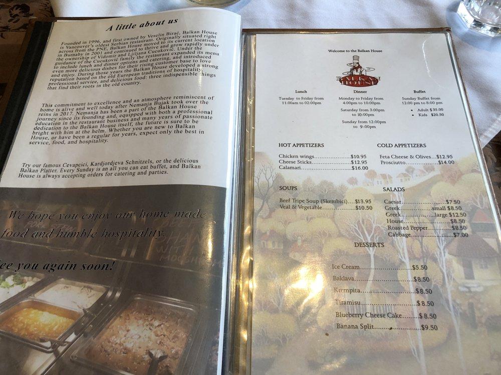 Menu at Balkan House Restaurant, Burnaby