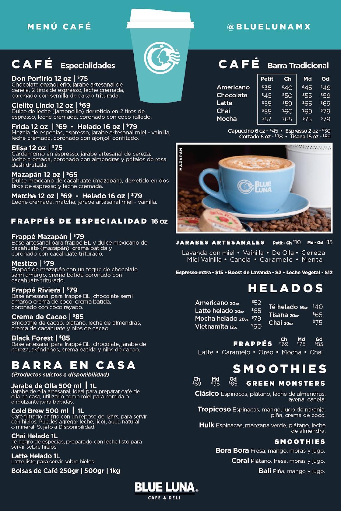 Carta del café Blue Luna Ermita, Tijuana, Av. Ermita Sur 4984