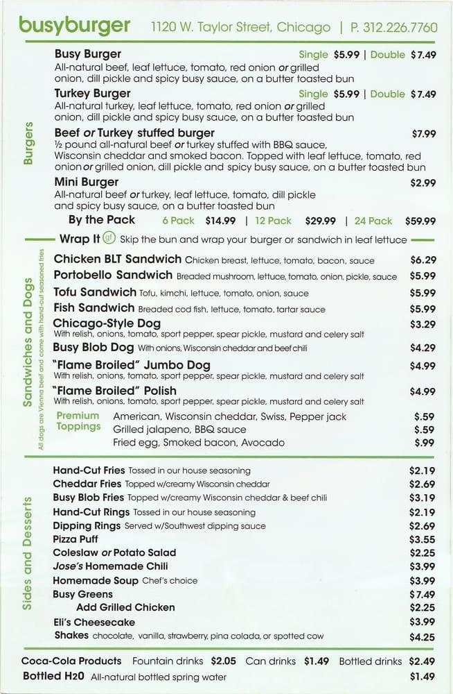 Menu at Busy Burger restaurant, Chicago