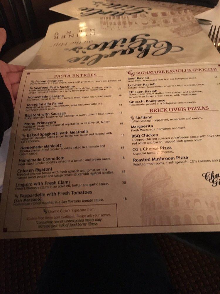 Menu at Charlie Gitto's On the Hill restaurant, St. Louis, Shaw Ave