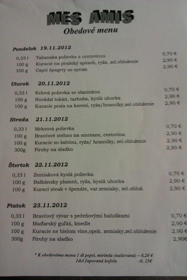 Menu at Mes Amis restaurant, Prešov
