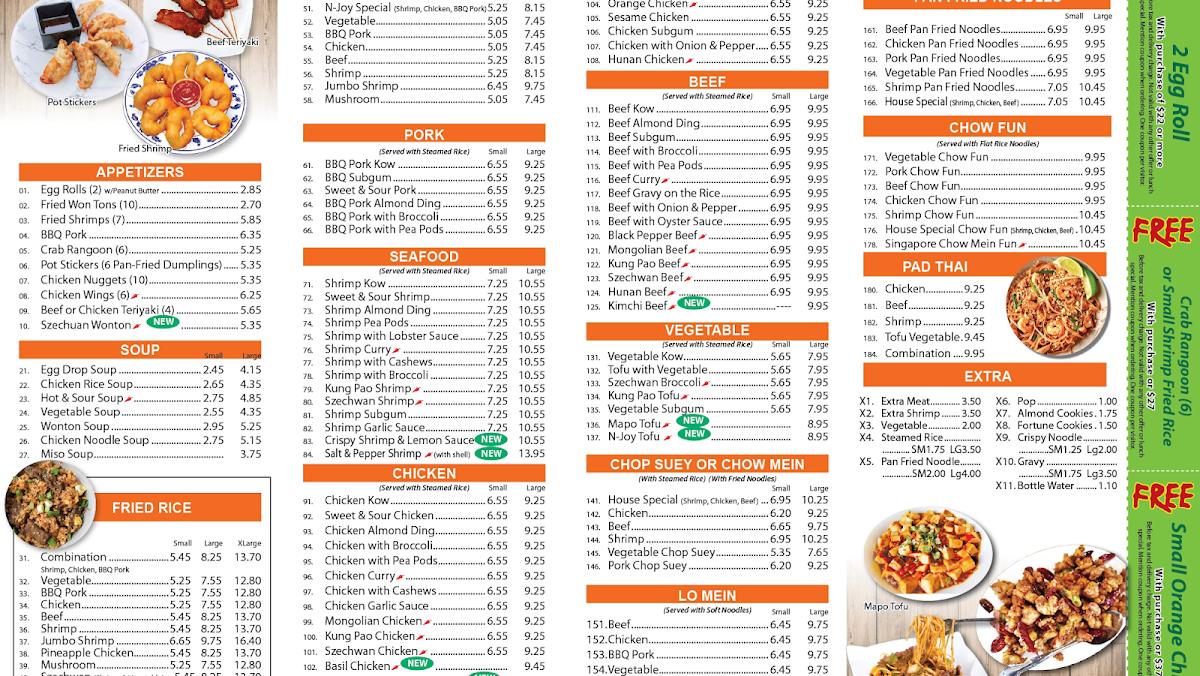 Menu at N-Joy Chop Suey restaurant, Cicero