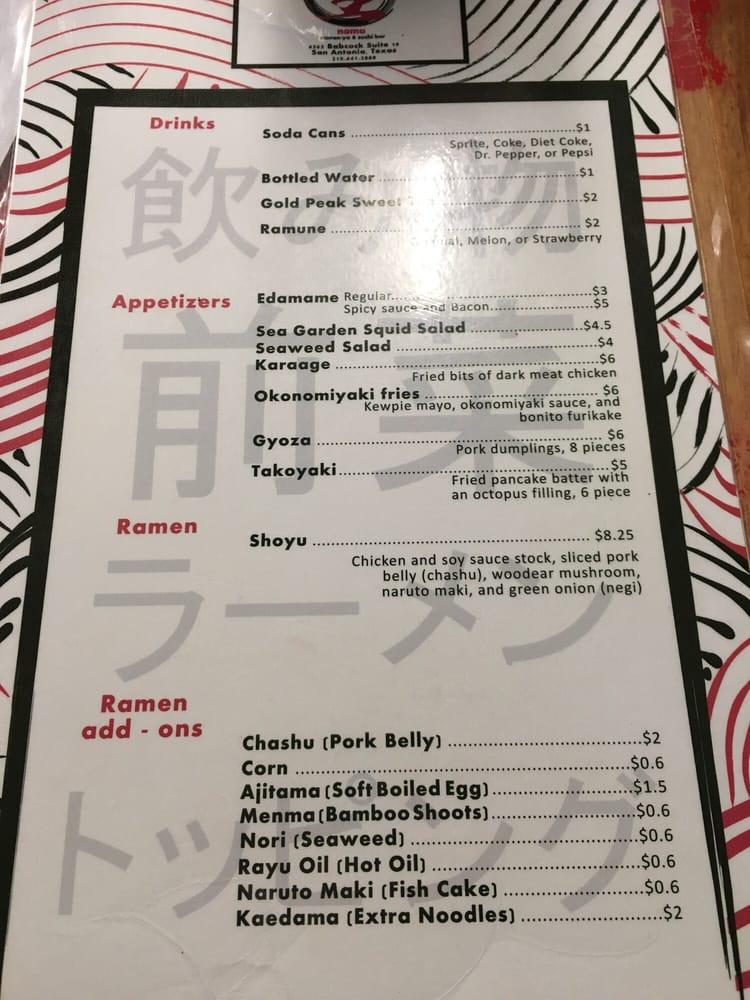 Menu at Nama Ramen restaurant, San Antonio