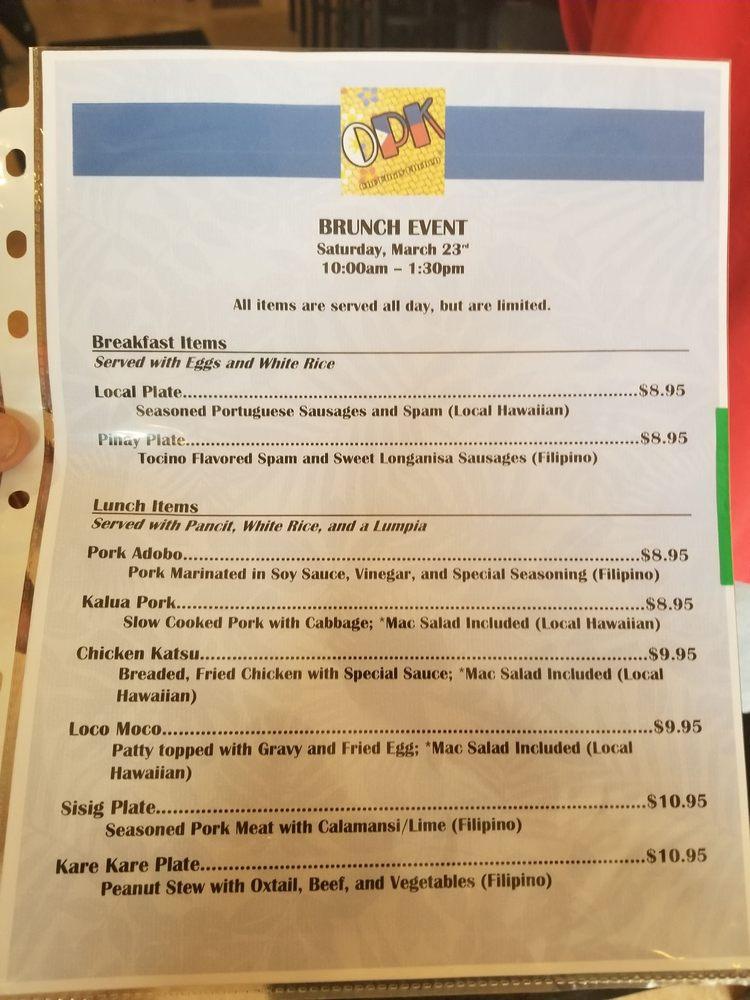 Menu at Ono Pinay Kitchen restaurant, Bellevue