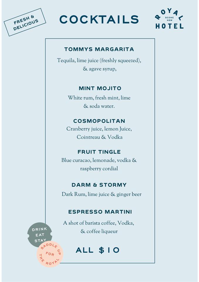 Menu at Royal Hotel Motel restaurant, Scone