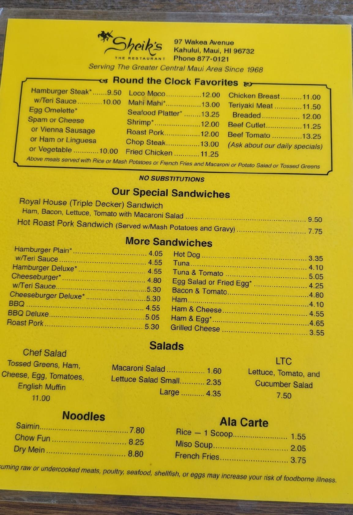 Menu at Sheik's Restaurant, Kahului