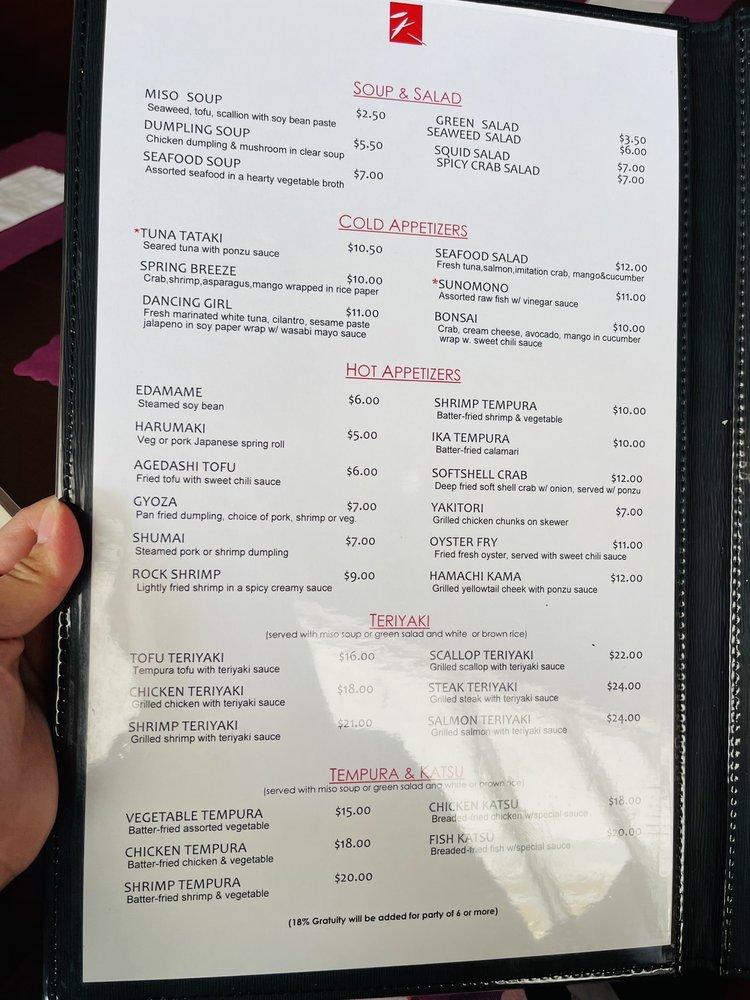 Menu at Sora Japanese Restaurant, Pisgah Forest