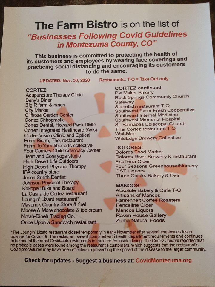 Menu at The Farm Bistro steakhouse, Cortez