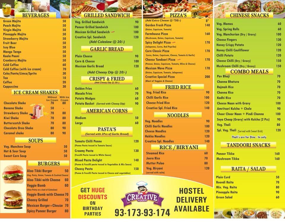 Menu at Creative Foods chandigarh university, India