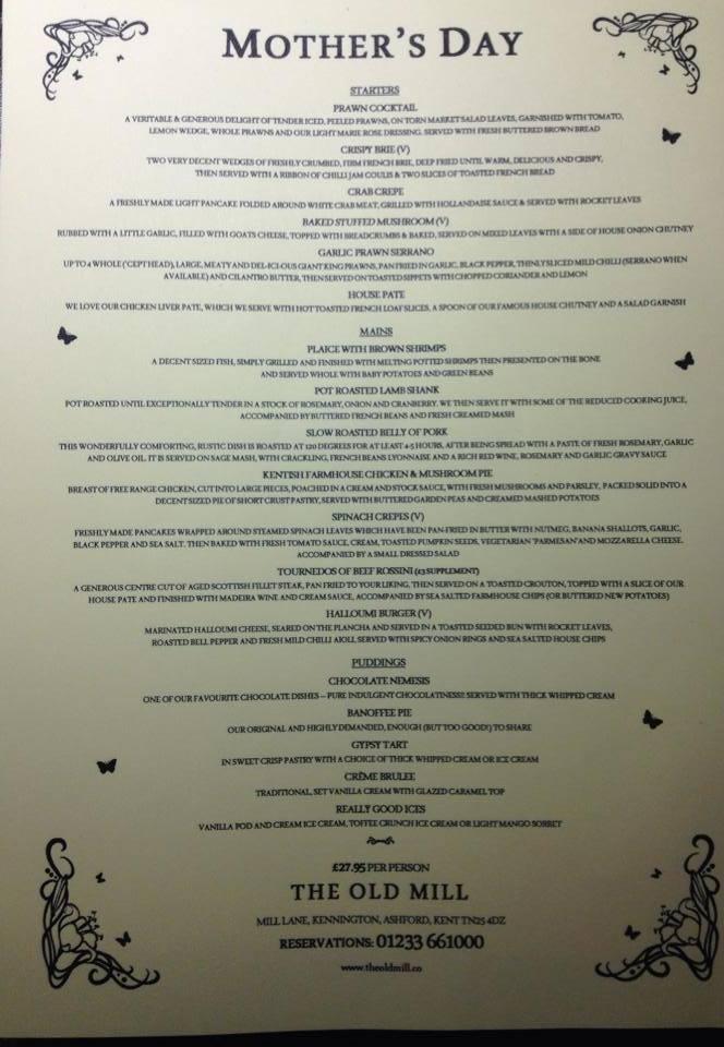 Menu at Old Mill restaurant, Ashford
