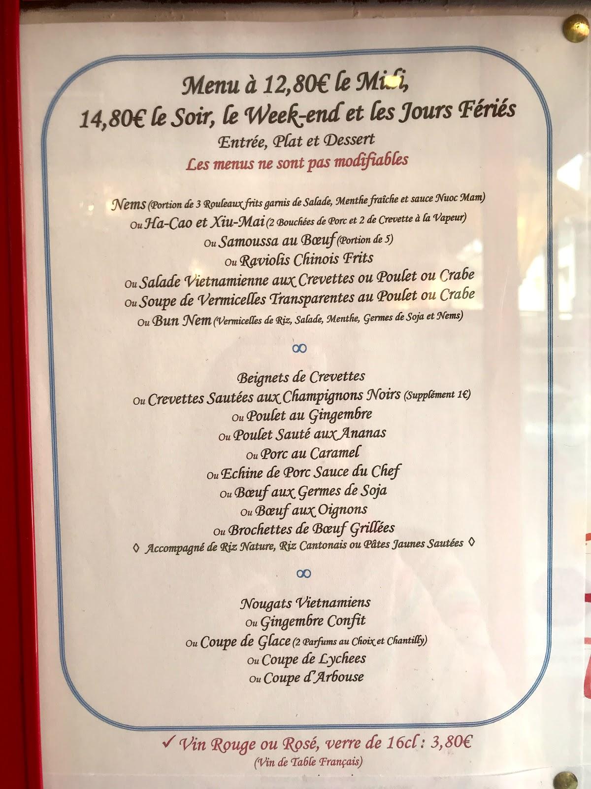 Menu at Restaurant Saigon, Autun