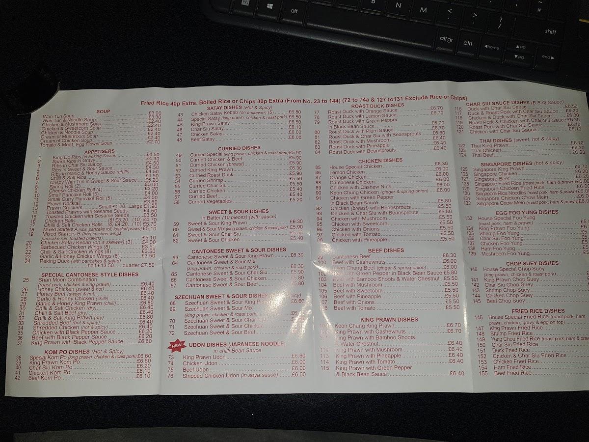 Menu at Shan Moon fast food, Saltcoats
