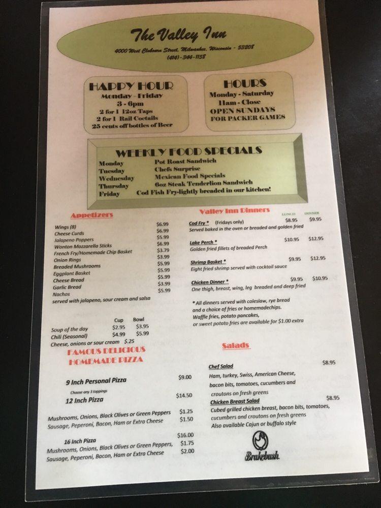 Menu at Valley Inn pizzeria, Milwaukee