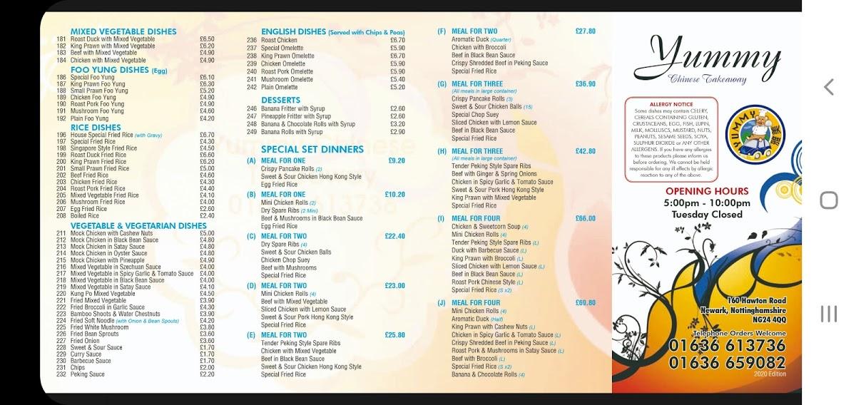 Menu at Yummy Chinese Takeaway restaurant, Newark-on-Trent