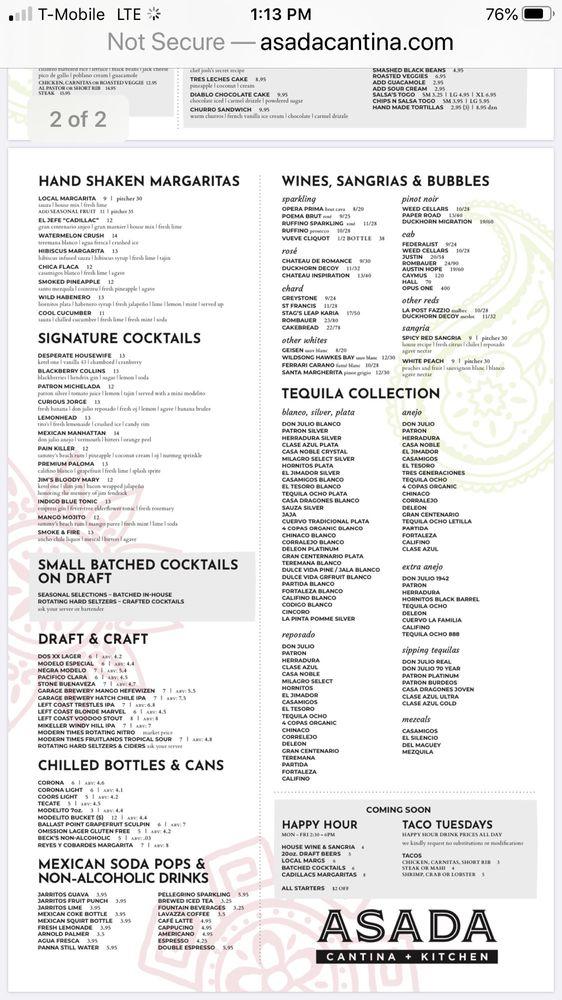 Menu at Asada Cantina + Kitchen pub & bar, San Clemente