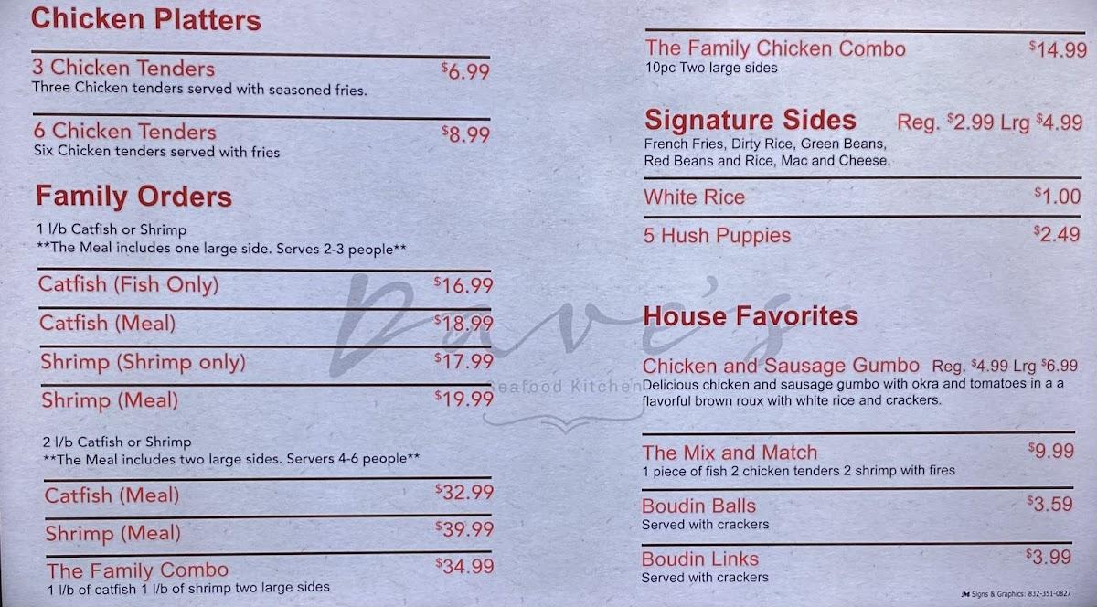 Menu at Dave's Seafood Kitchen restaurant, Houston