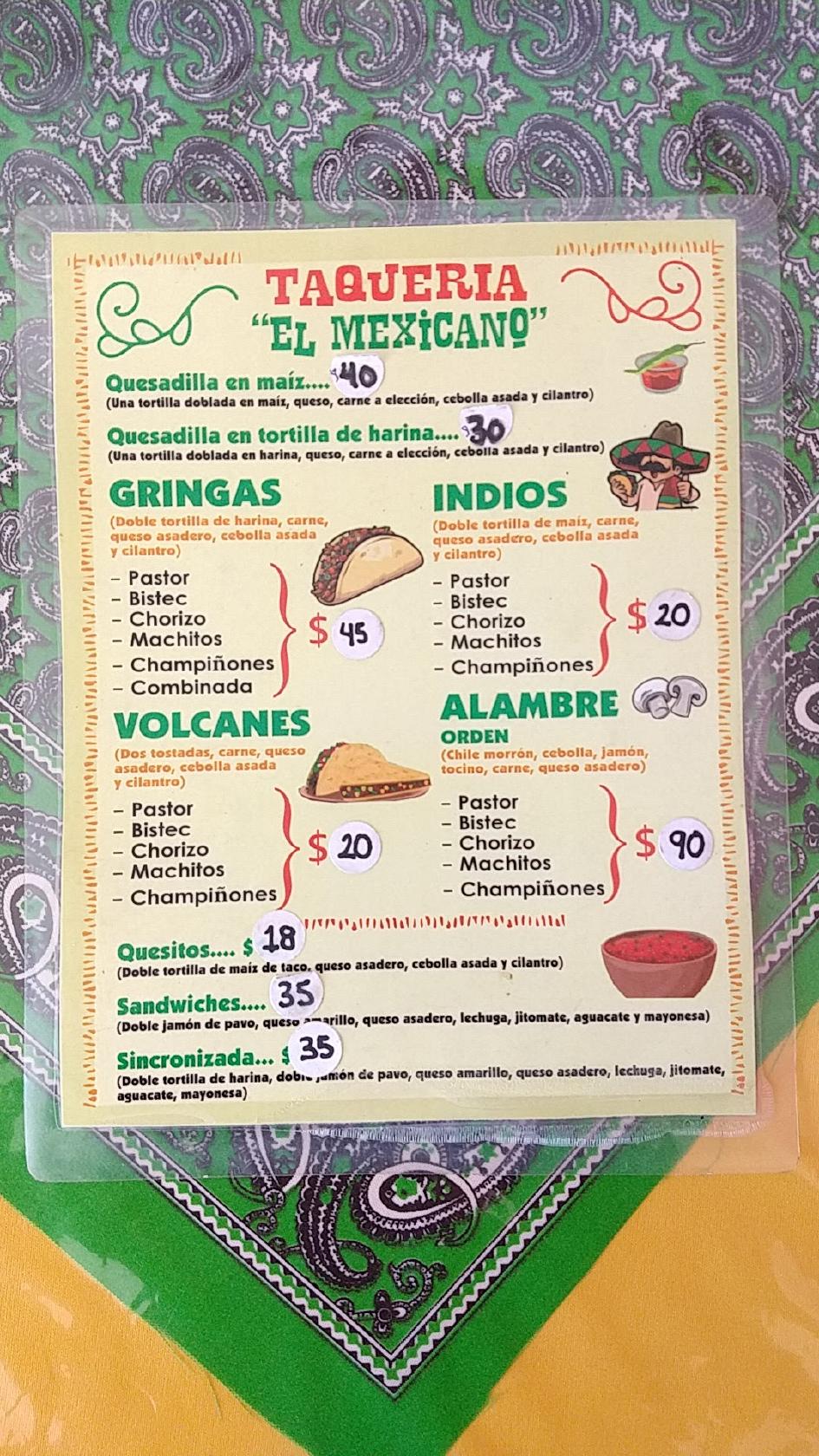 Menu at El Mexicano restaurant, San Luis Potosi, Luna