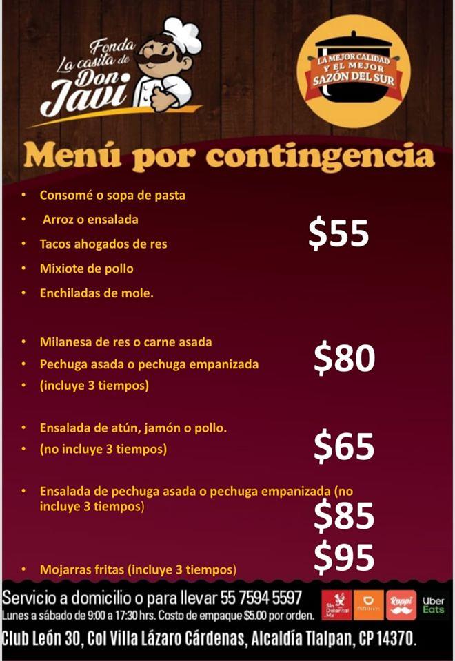 Menu at Fonda la casita de Don Javi restaurant, Mexico City