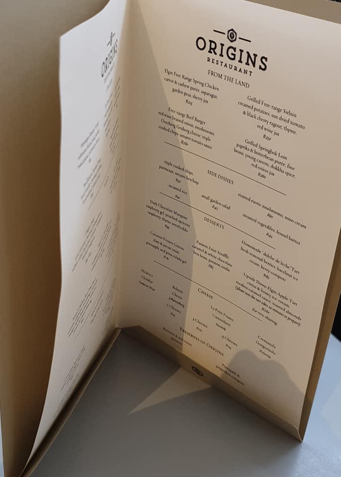 Menu at Origins Restaurant, Hermanus, Main Rd