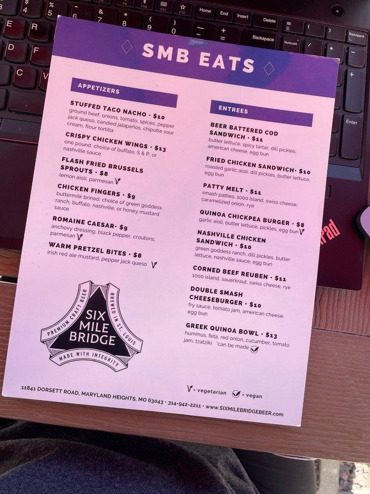Menu at Six Mile Bridge Brewery pub & bar, Maryland Heights