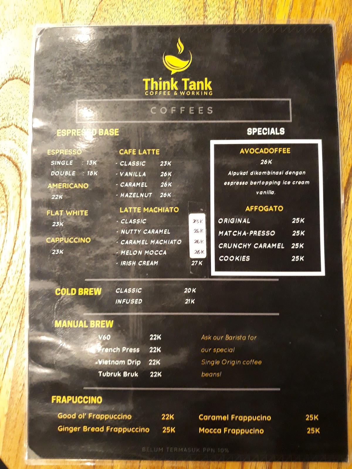 Menu at THINK TANK Coffee & Working, Semarang
