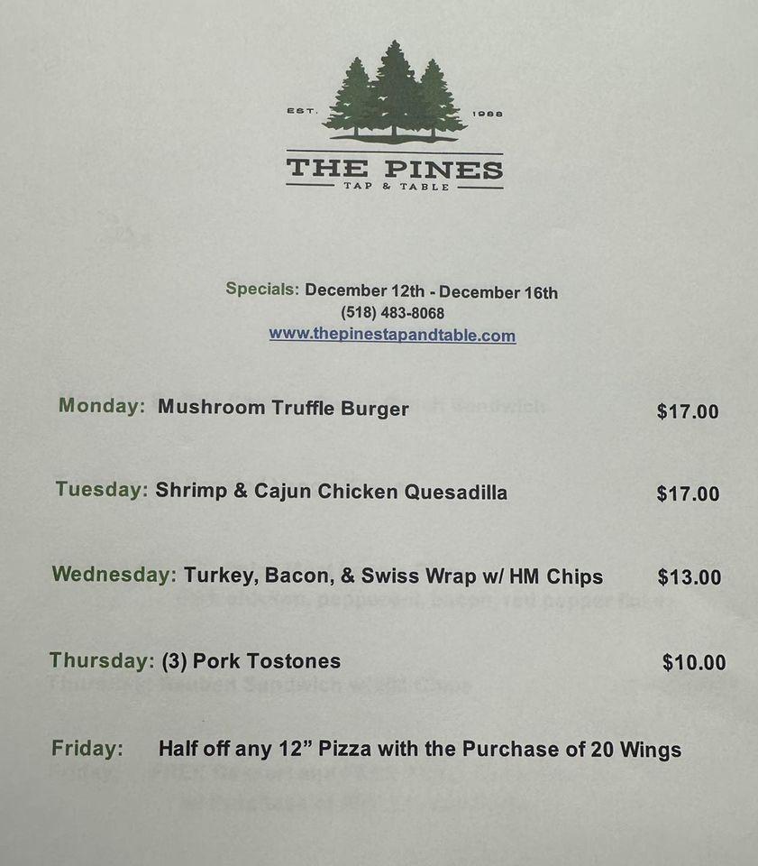 Menu at The Pines Tap and Table pub & bar, Malone