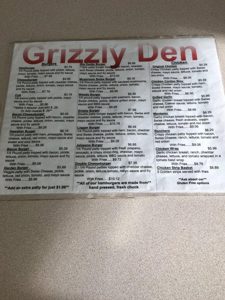 Menu at Grizzly Den restaurant, Hoquiam