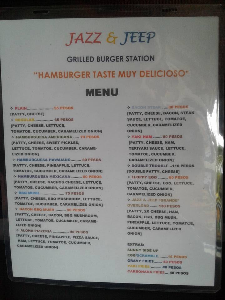 Menu at Jazz And Jeep Burger station restaurant, Kabankalan
