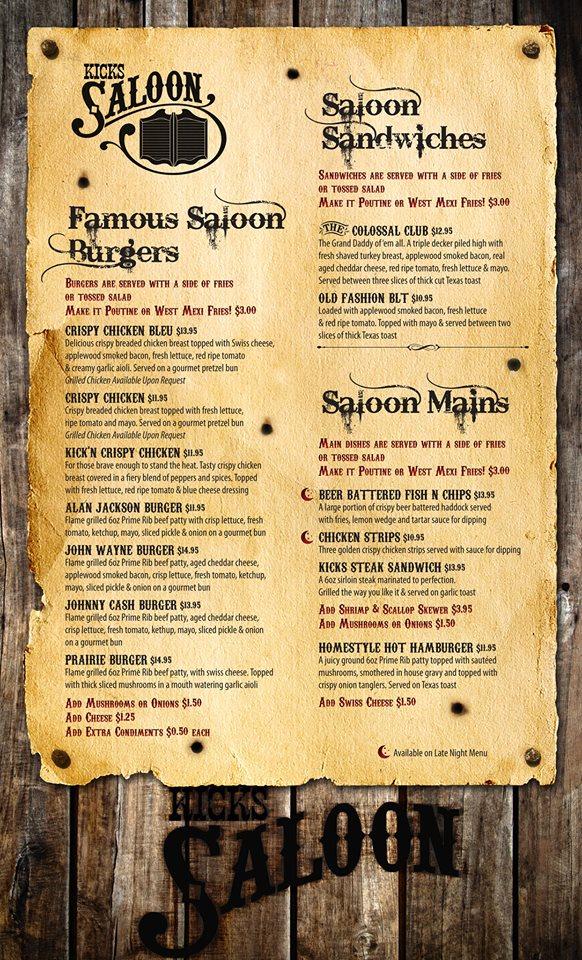 Menu at Kicks Saloon Restaurant & Bar and VLT Lounge, Redwater