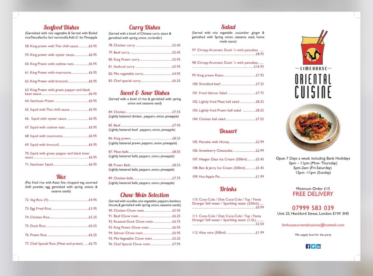 Menu at Oriental Cuisine Ratcliff restaurant, London, Unit 25 Heckford St