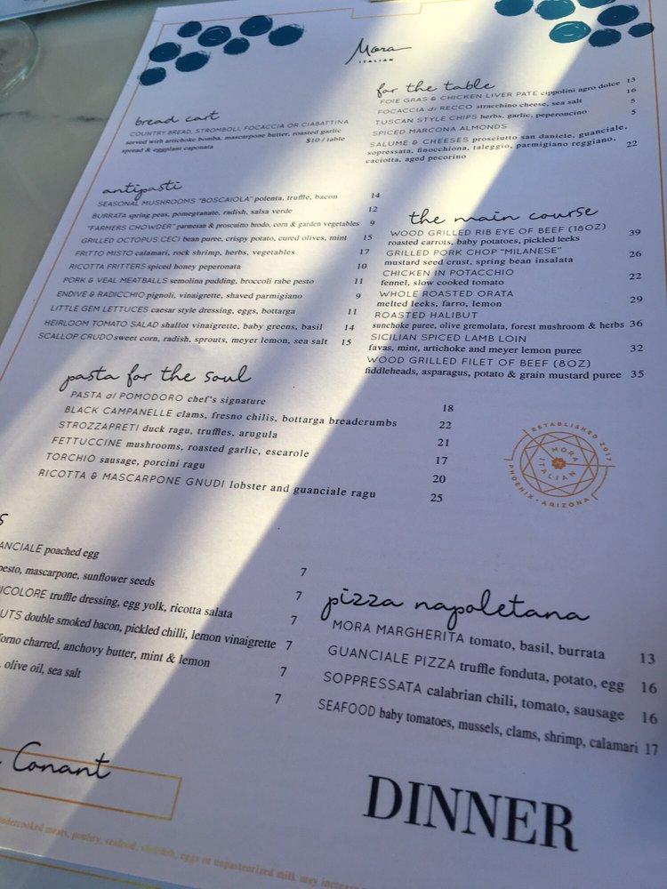Menu at Mora Italian pub & bar, Phoenix