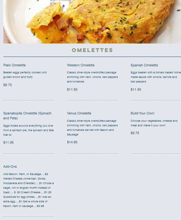 Menu at Venus restaurant, Northport