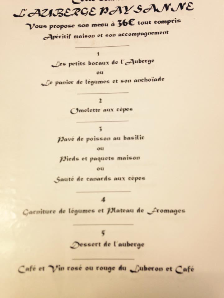 Menu au Auberge La Table Paysanne restaurant, Robion