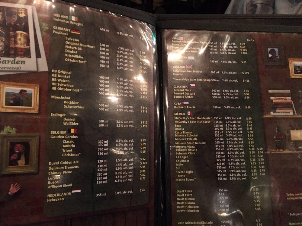Menu at McCarthy's Irish Pub, Mexico City, C. Querétaro 207