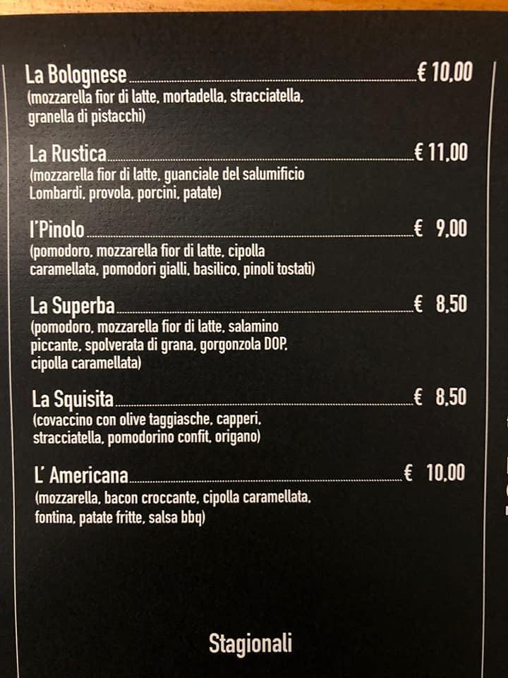 Menu at Pizzeria I’ Pinolo, Italy
